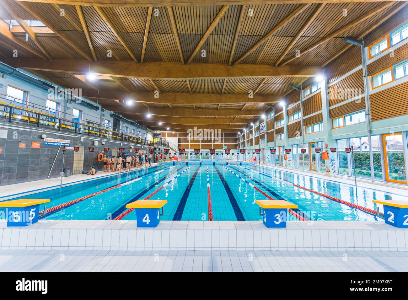 Professional swimming trucks in sports pool viewed from the perspective ...