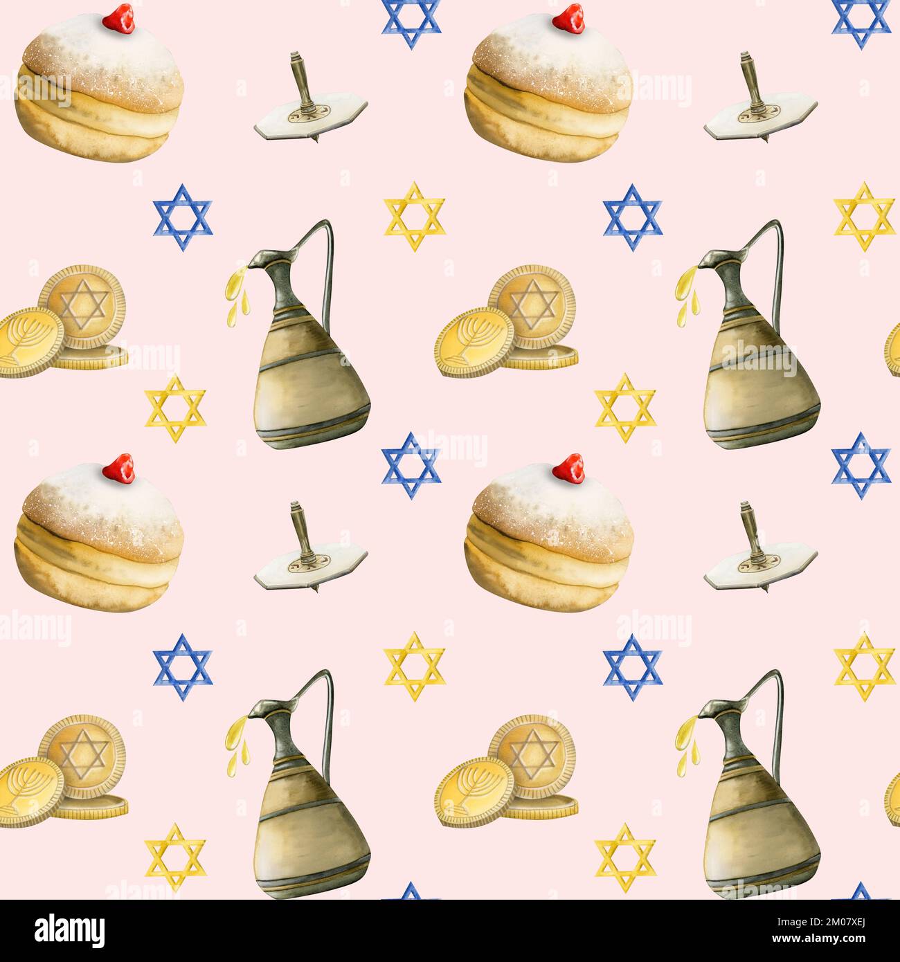 Hanukkah seamless pattern with olive oil jag, donuts, dreidels, stars ...