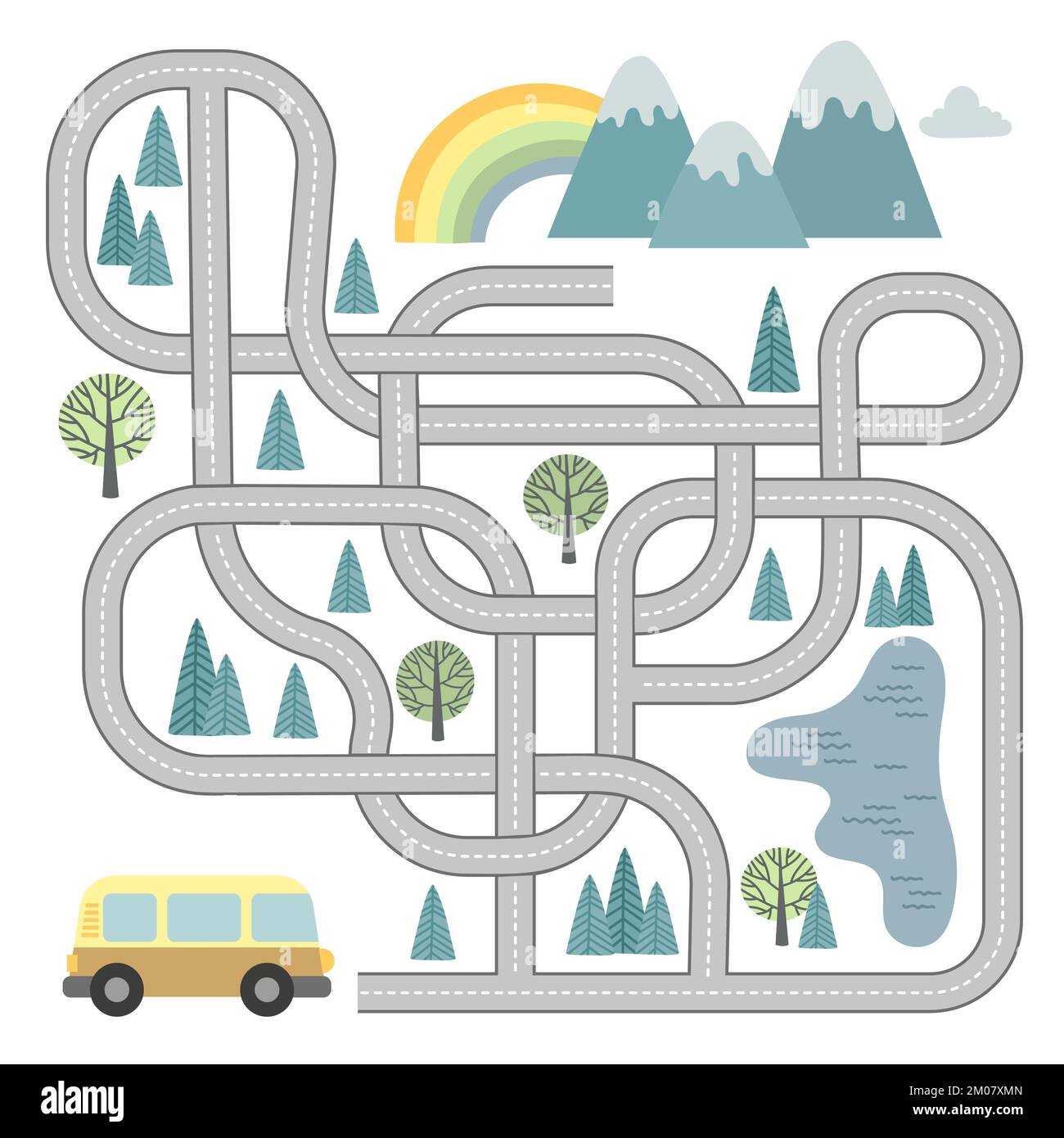 Maze game with vehicles and tangled road. Help the minivan to reach the ...