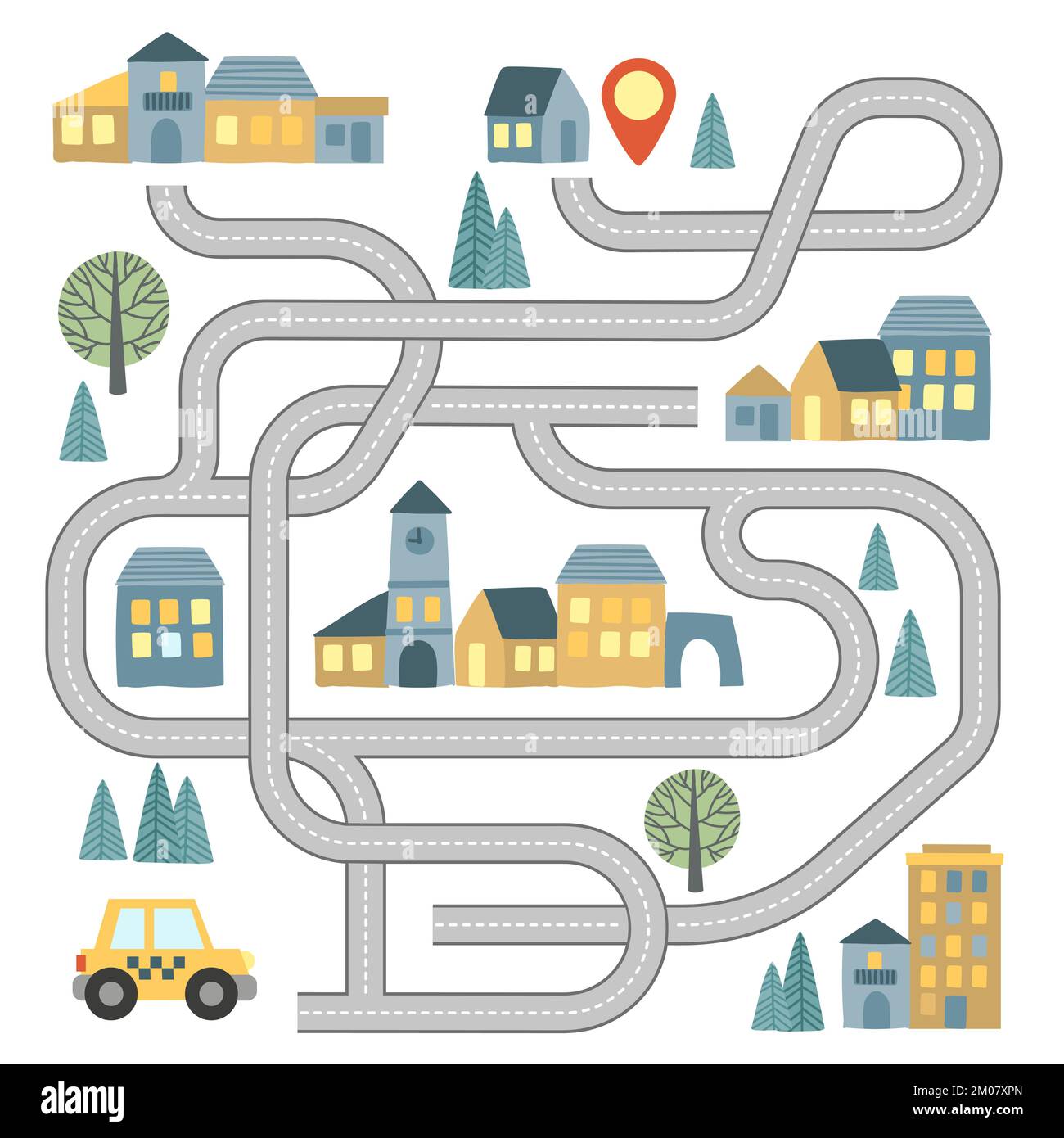 Maze game with vehicles and tangled road. Help the taxi to reach the ...