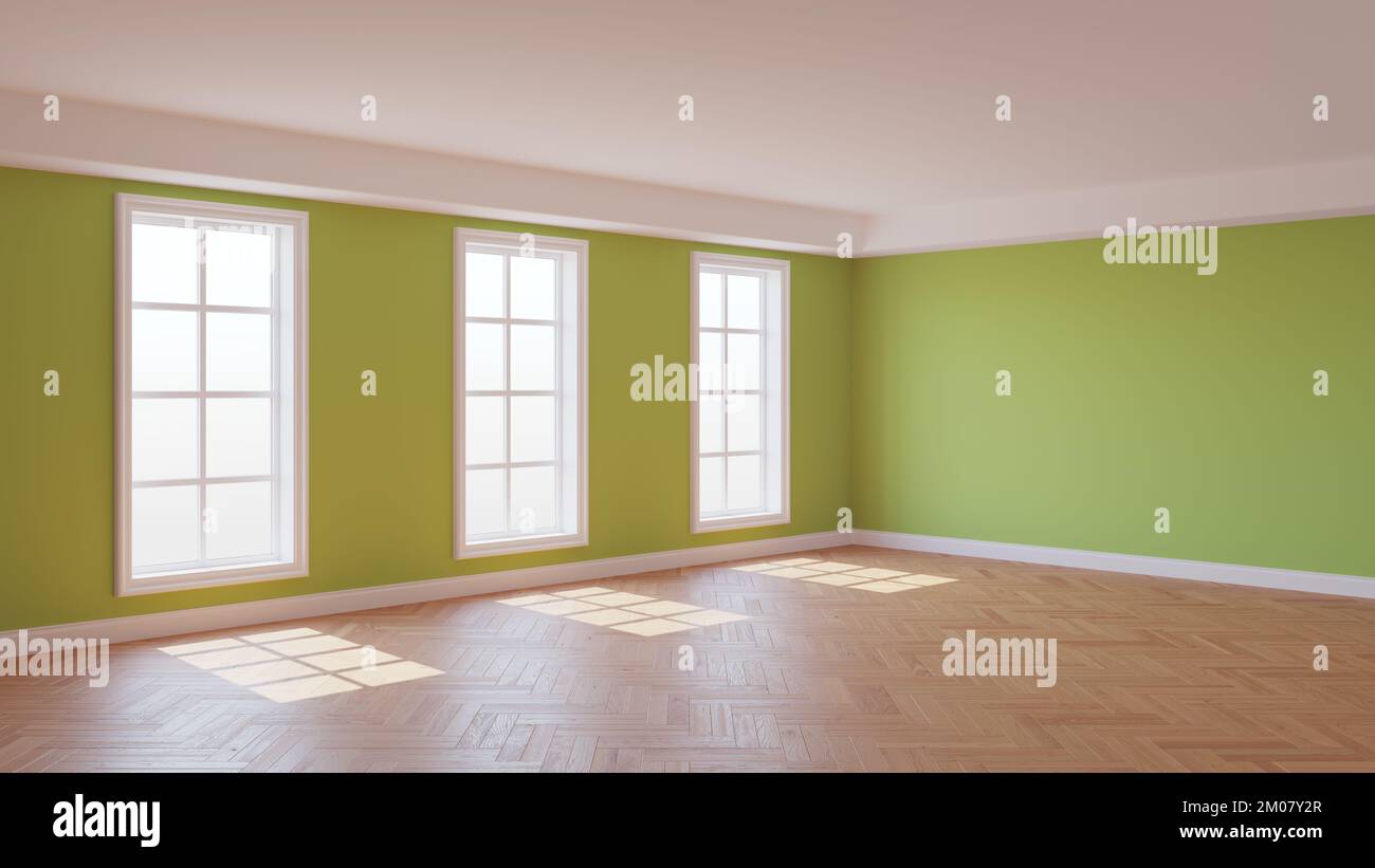 Beautiful Sunny Interior with Green Walls, Three Large Windows, White ...