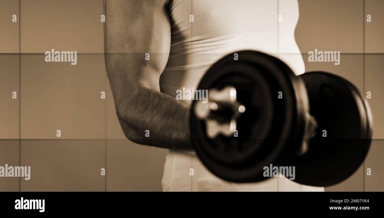 Athletic man working with heavy dumbbell, geometric pattern Stock Photo ...