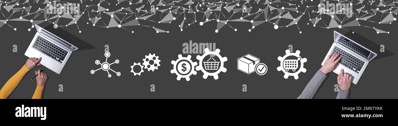 Top view of hands using laptop with symbol of purchase concept Stock ...