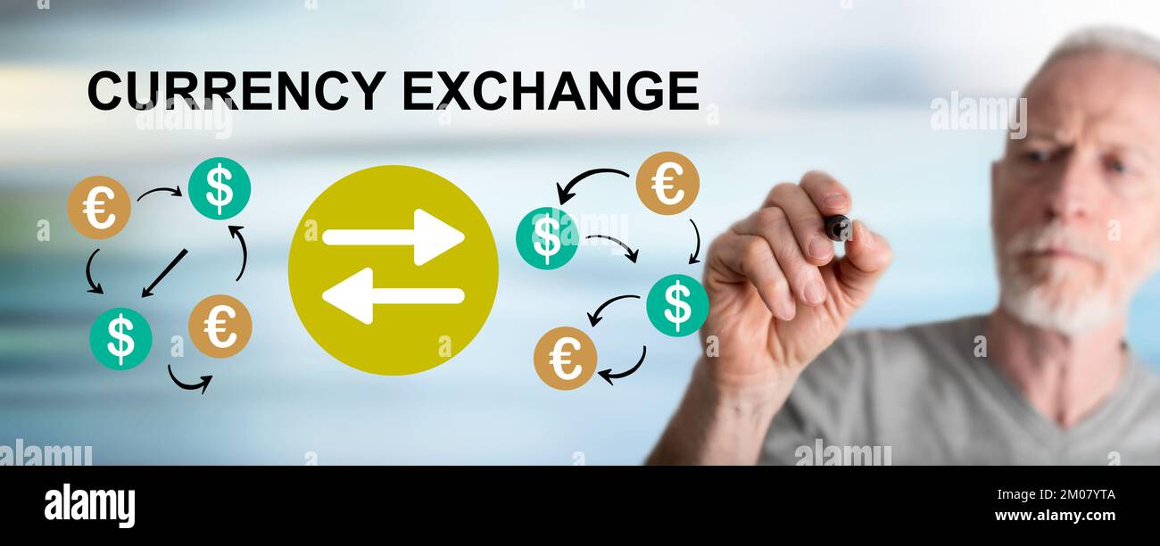 Currency exchange concept drawn by a man Stock Photo - Alamy