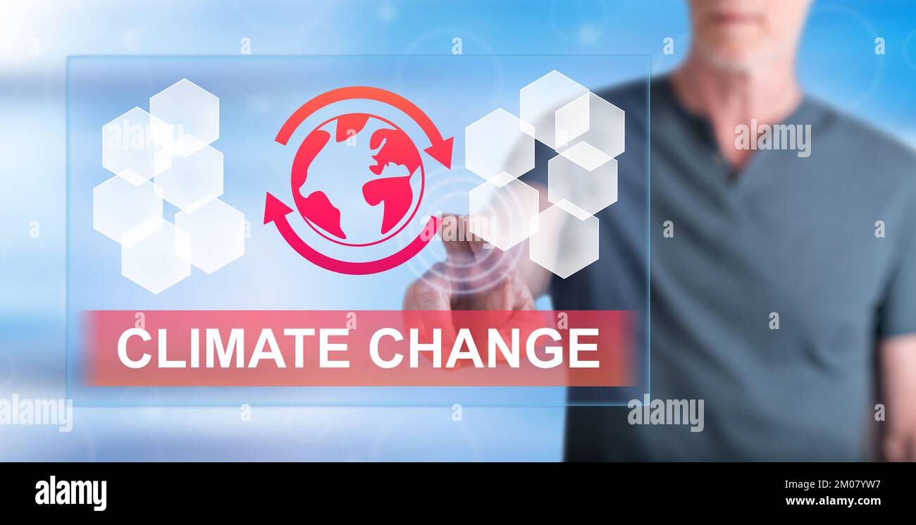 Man touching a climate change concept on a touch screen with his finger ...