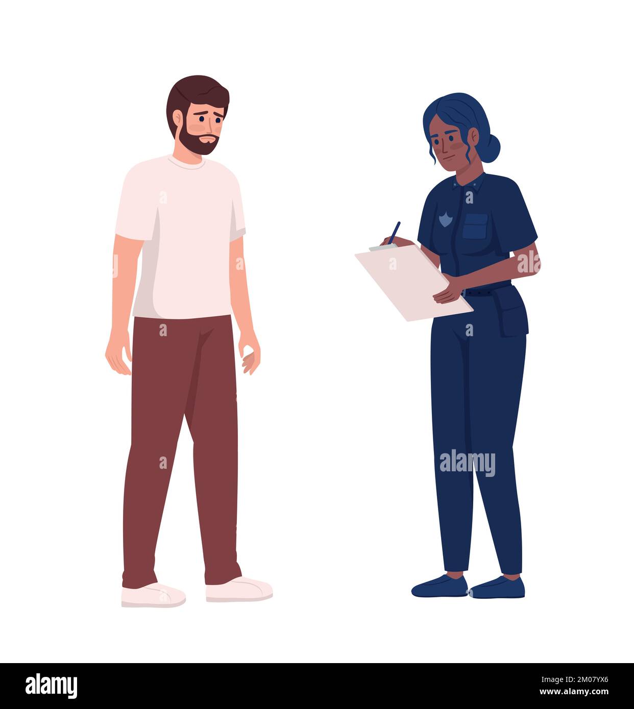 Sad man complaining to female police officer semi flat color vector ...