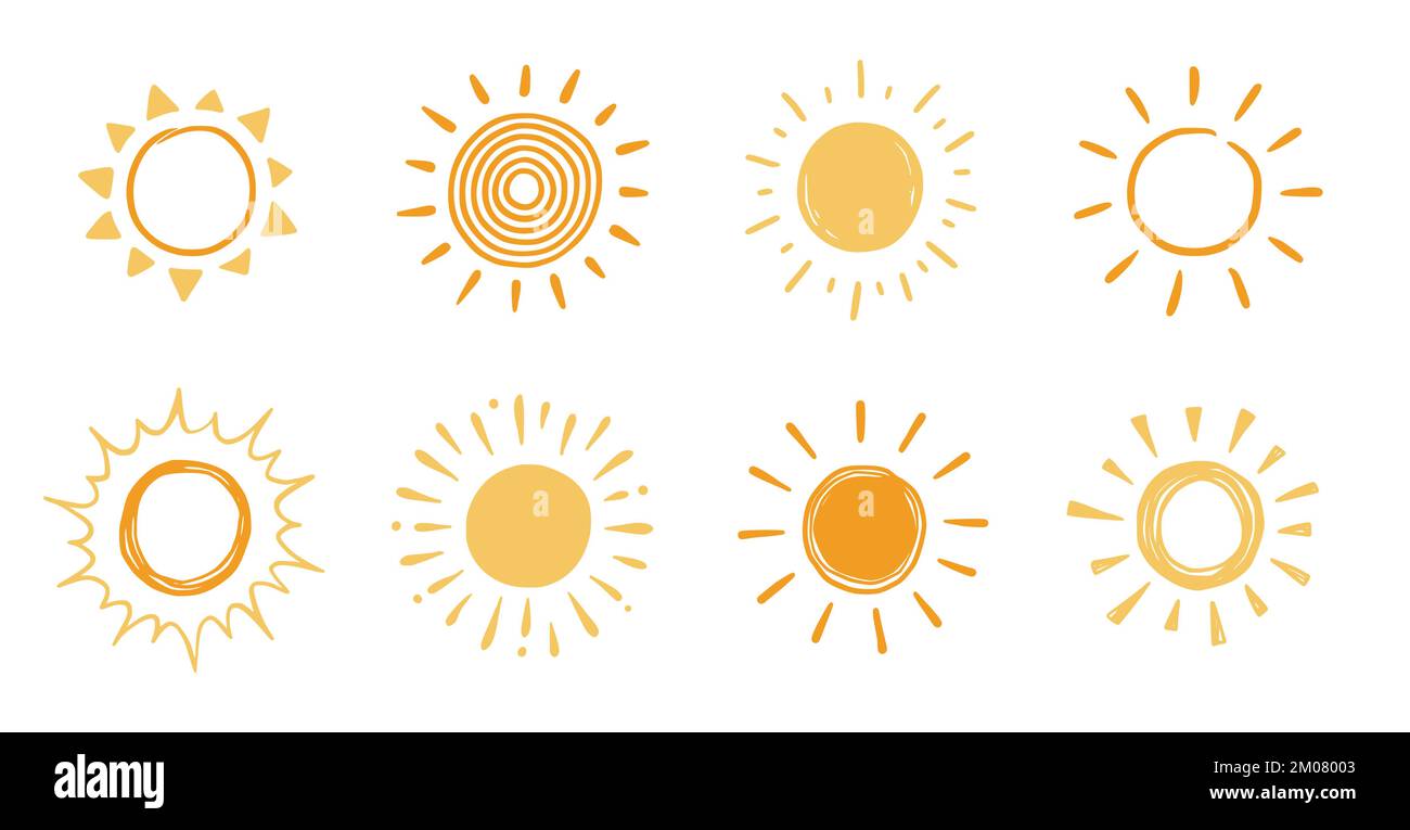 Doodle sun sketch illustration. Hand drawn cute yellow, orange sun set ...