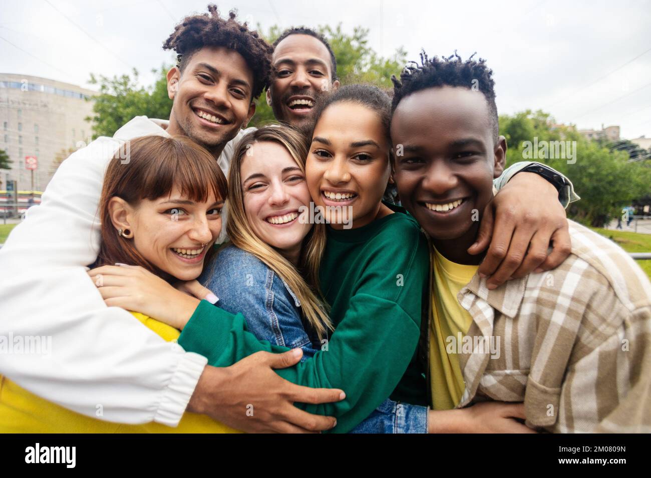 Portrait group of happy young student friends smiling at camera Stock ...