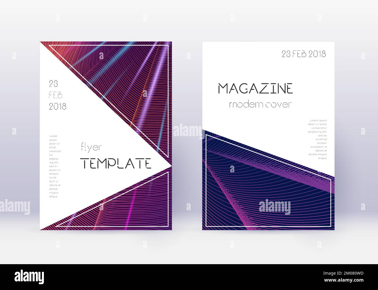 Triangle cover design template set. Violet abstract lines on dark ...