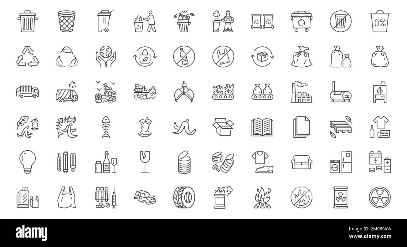 Waste sorting line icons set. Plastic bottle, biodegradable trash, junk ...