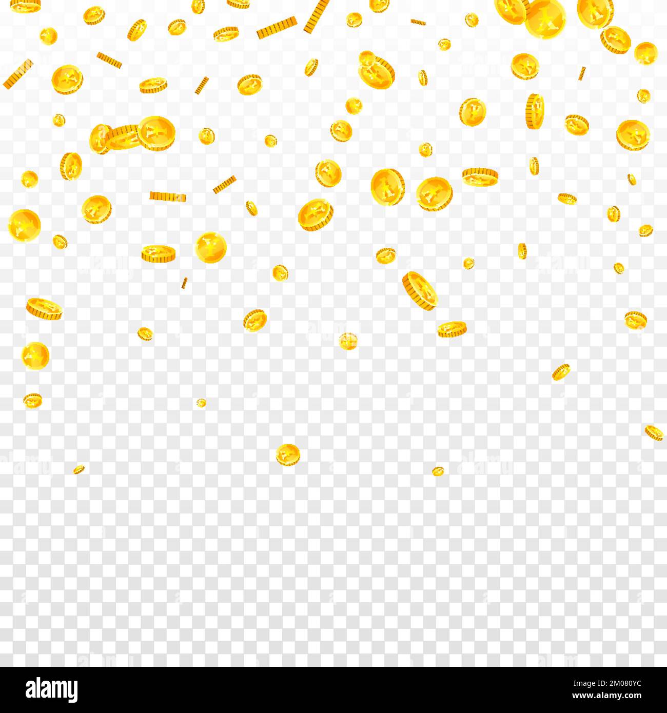 Japanese yen coins falling. Scattered gold JPY coins. Japan money ...