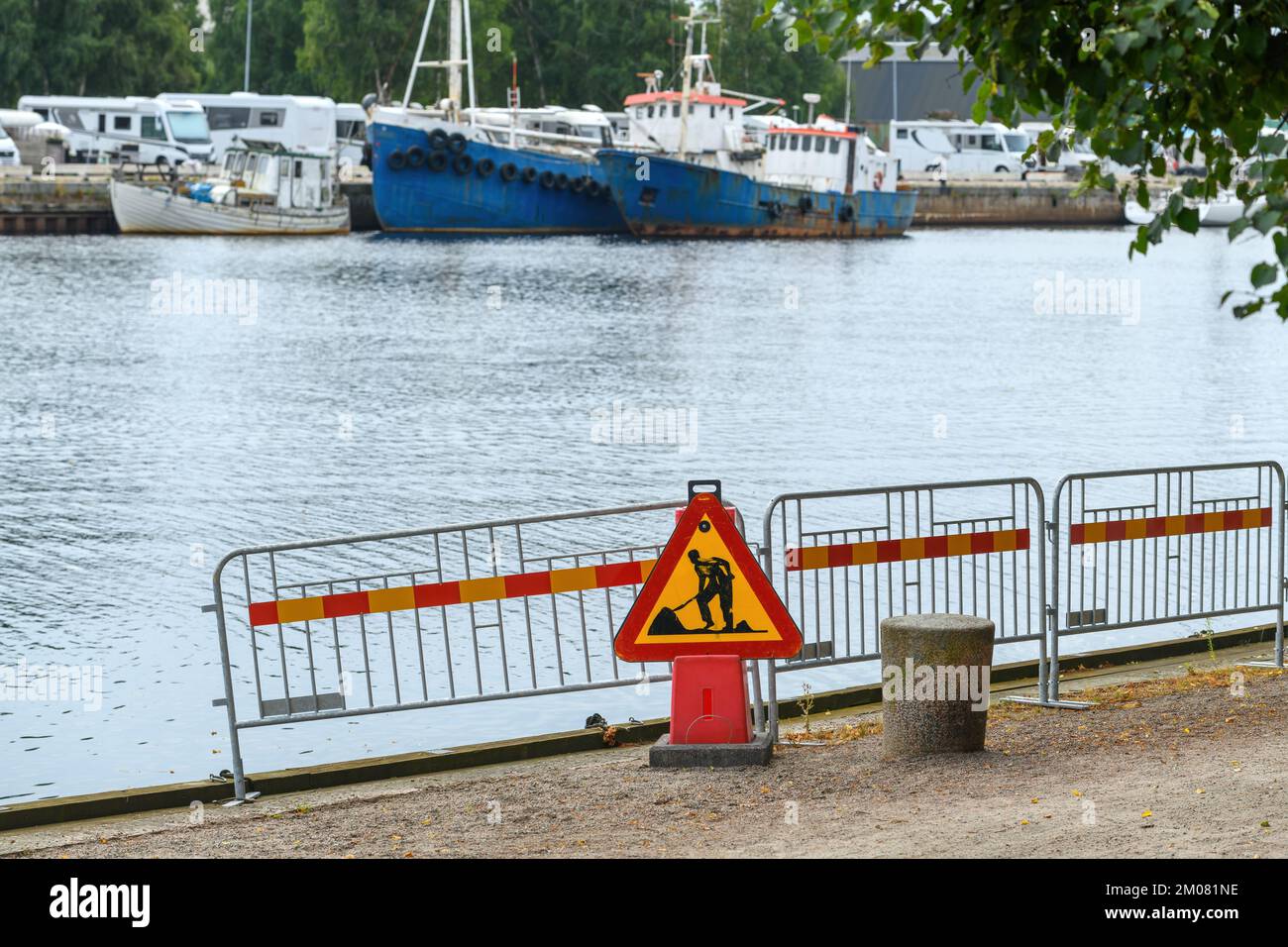 Road works sign on Nissan river promenade in Halmstad, Sweden ...