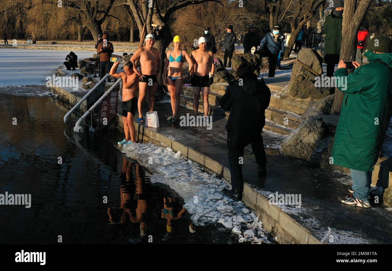 Winter swimming enthusiasts swam in the ice lake in Beiling Park in ...
