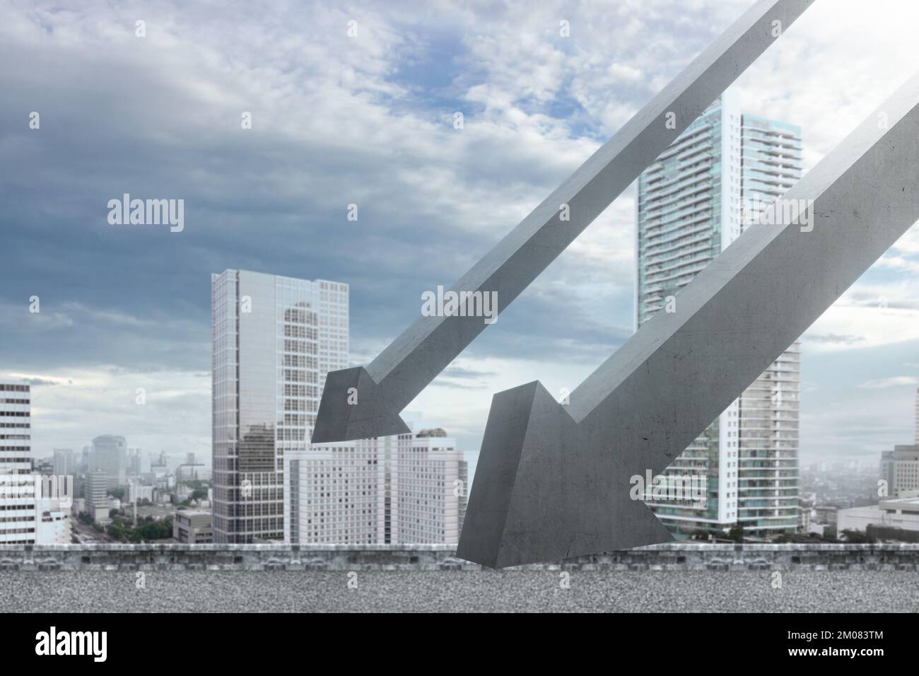 Falling gray arrow with cityscape background Stock Photo - Alamy