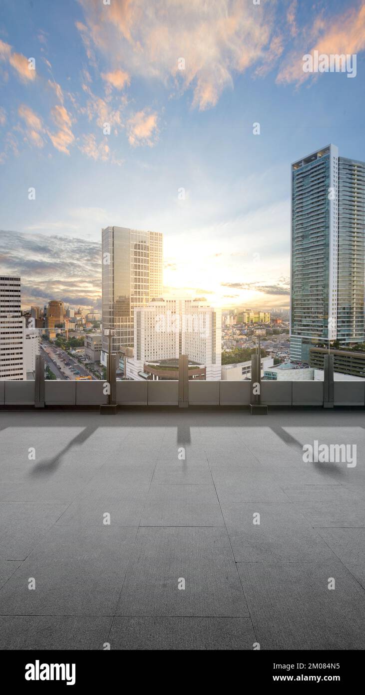 Terrace view with modern cityscapes and blue sky background Stock Photo ...