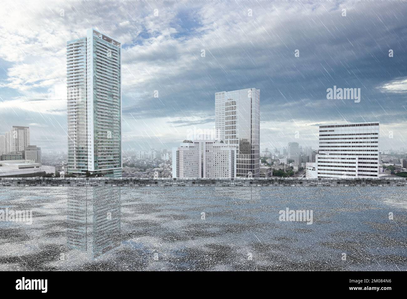 Rooftop view with modern cityscapes and rainy background Stock Photo ...