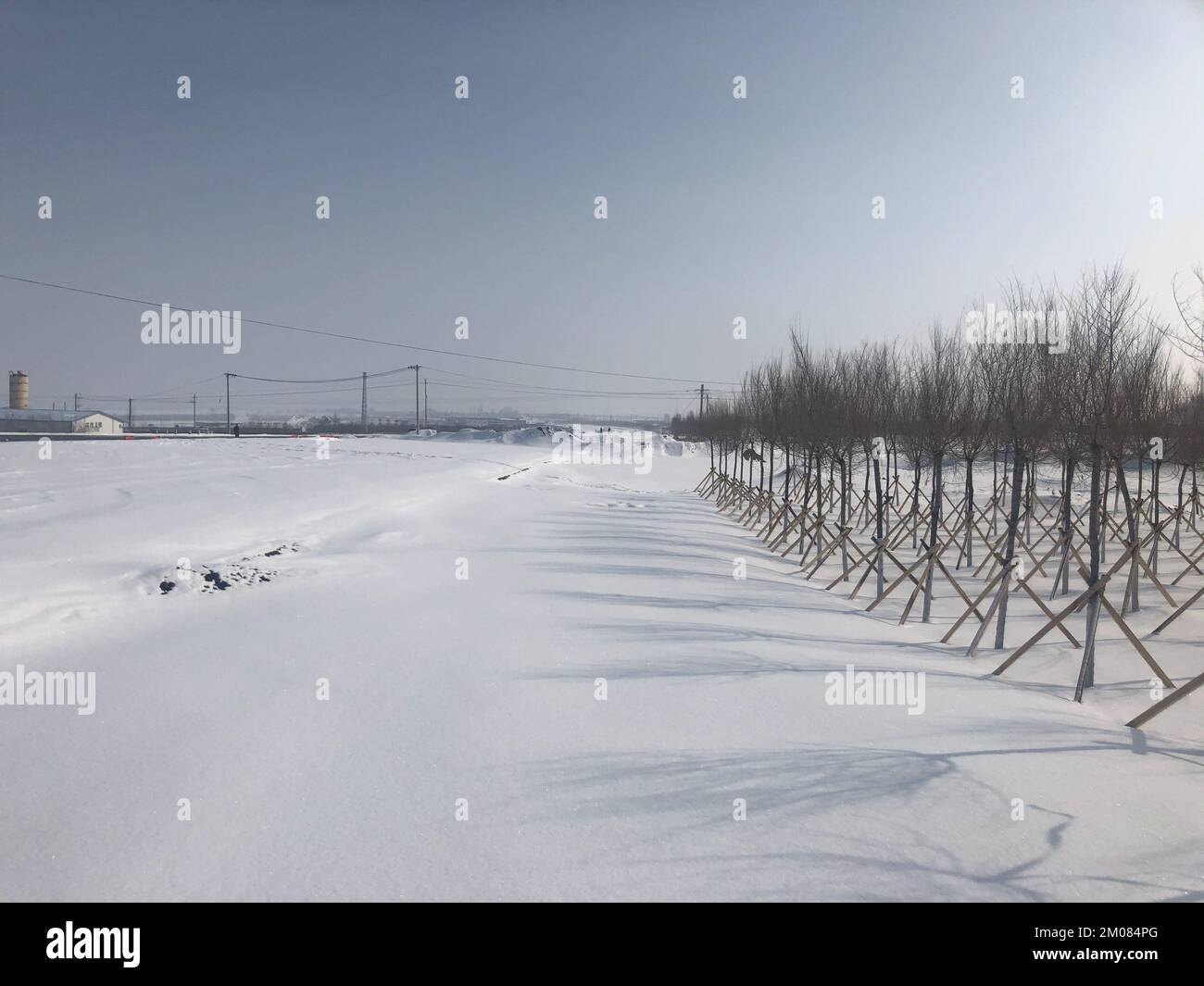 A beautiful winter landscape in the countryside with agricultural ...