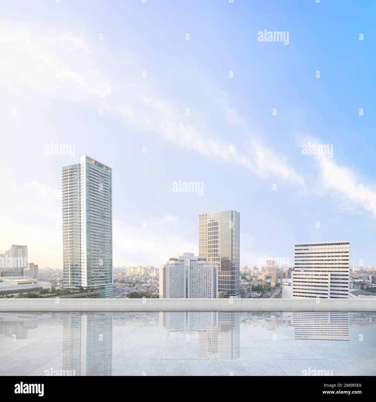 Terrace view with modern cityscapes and blue sky background Stock Photo ...