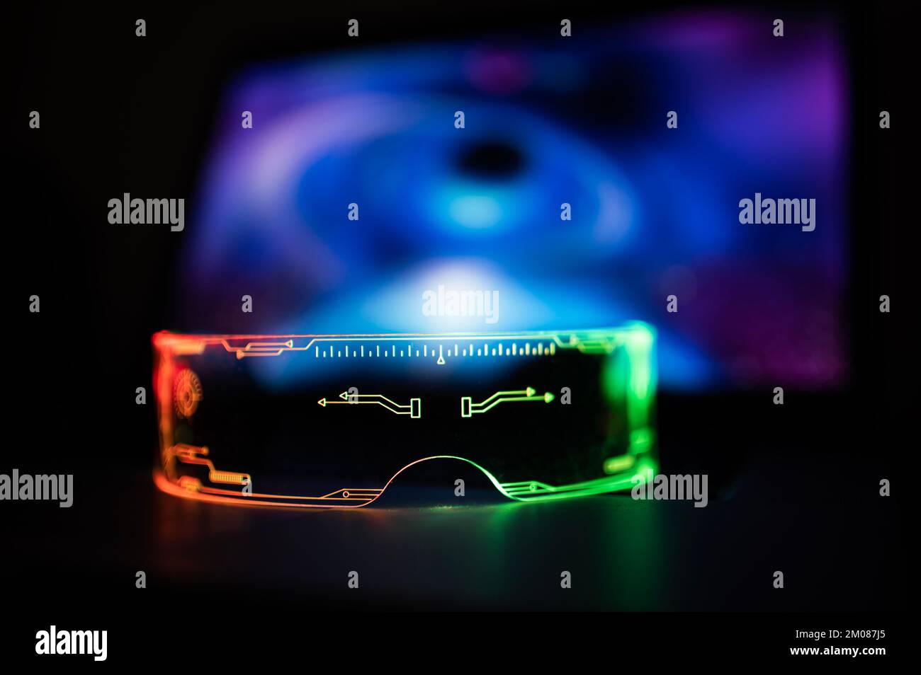 Neon glasses. Futuristic blue and green glowing devices for online ...