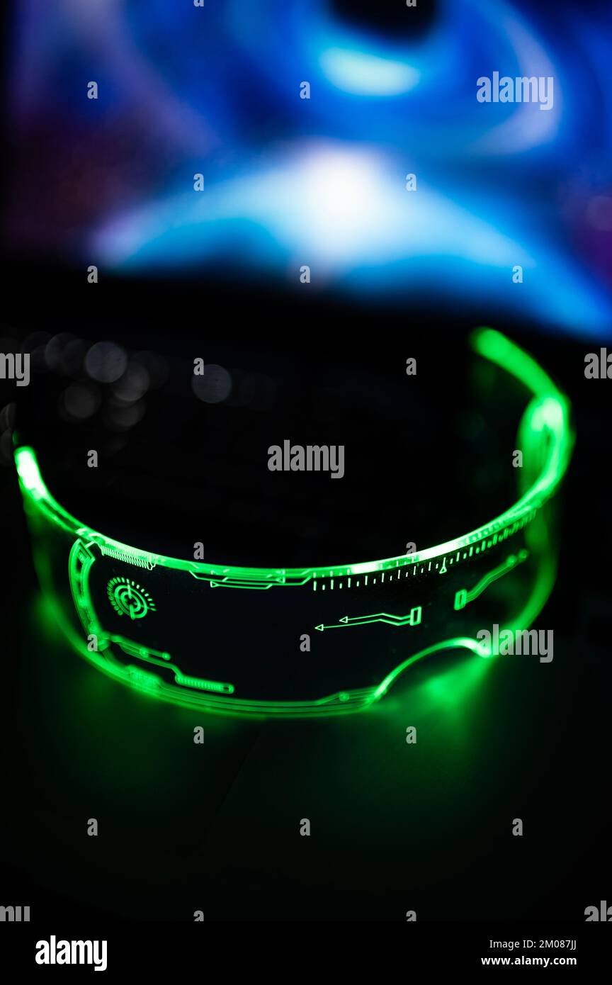 Neon glasses. Futuristic blue and green glowing devices for online ...