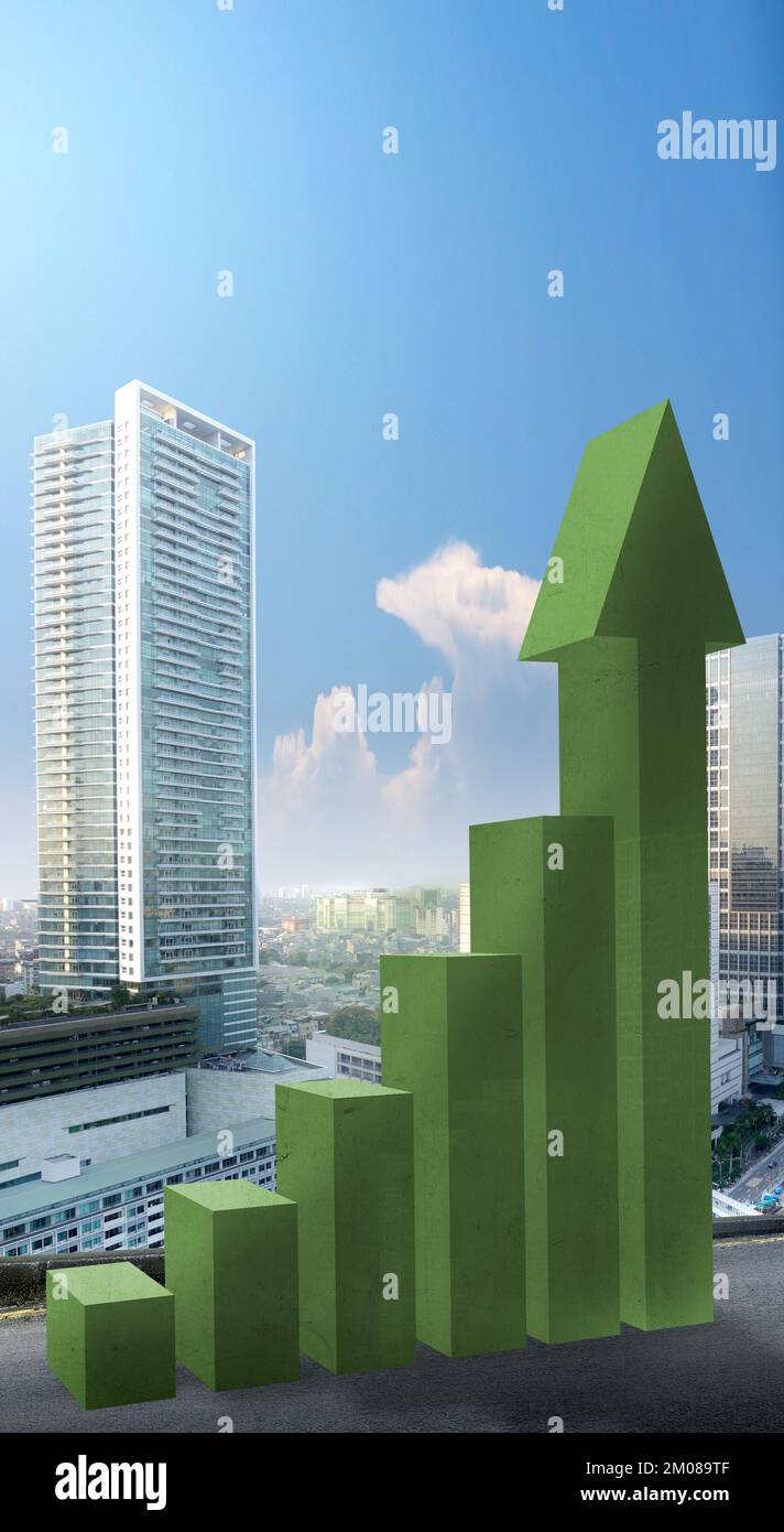 Increased graph arrow with cityscape background Stock Photo - Alamy
