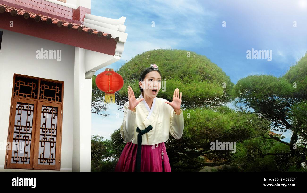 Asian woman wearing a traditional Korean national costume, Hanbok ...