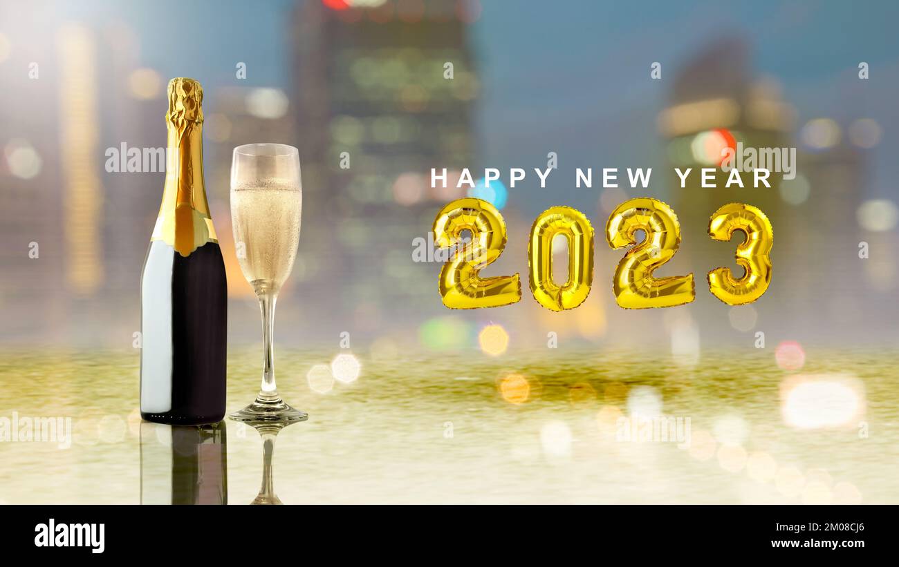 2023 and champagne with blurred light background. Happy New Year 2023 ...