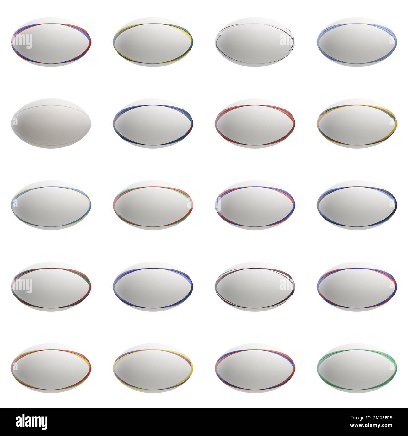 A collection of white textured rugby balls with various color design ...