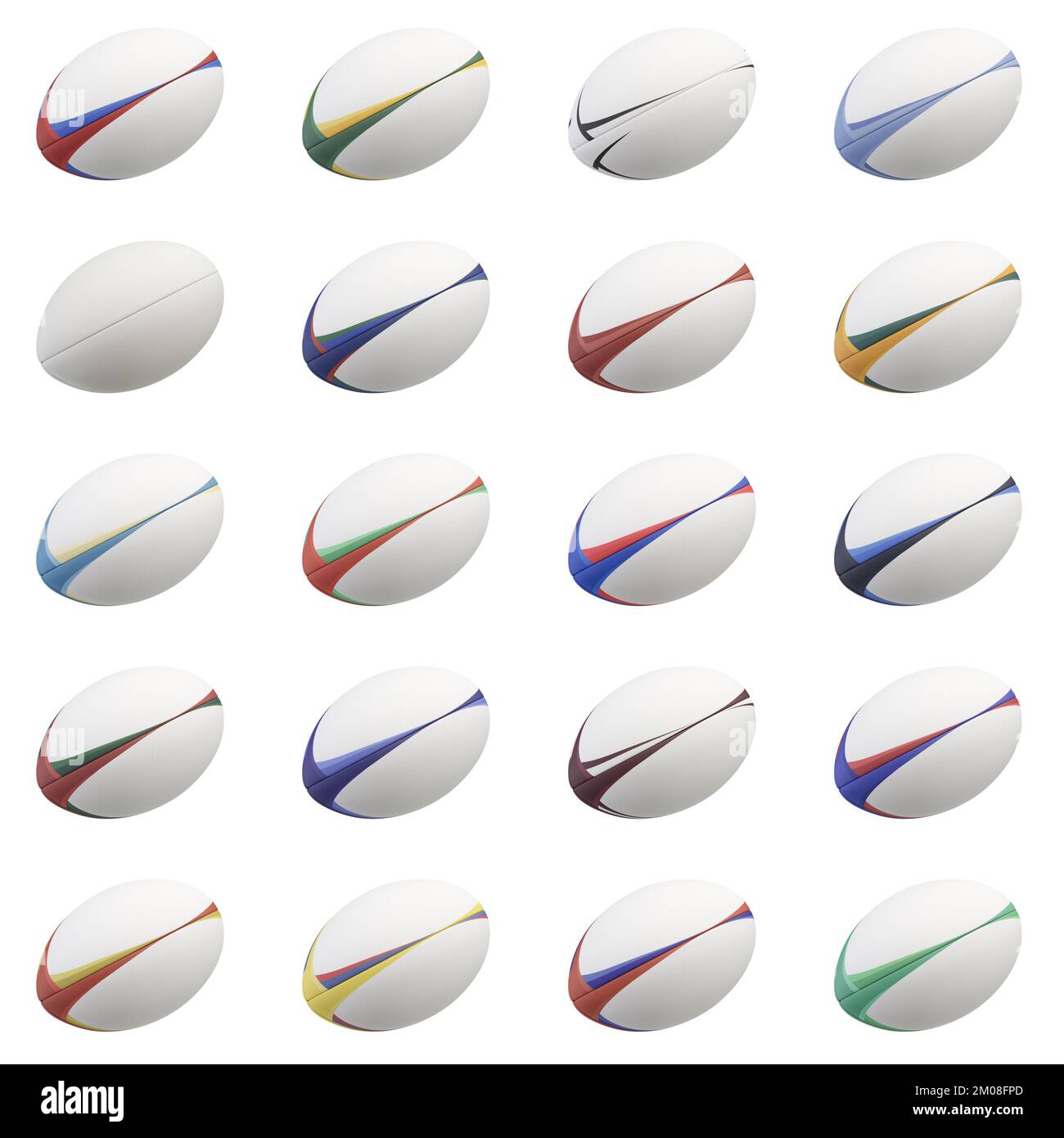 A collection of white textured rugby balls with various color design ...