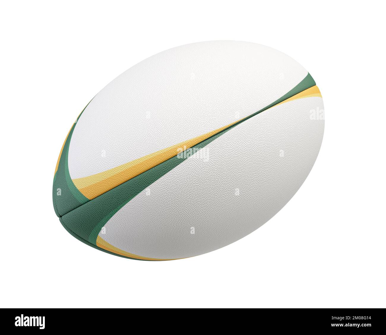 A white textured rugby ball with color design elements on a isolated ...