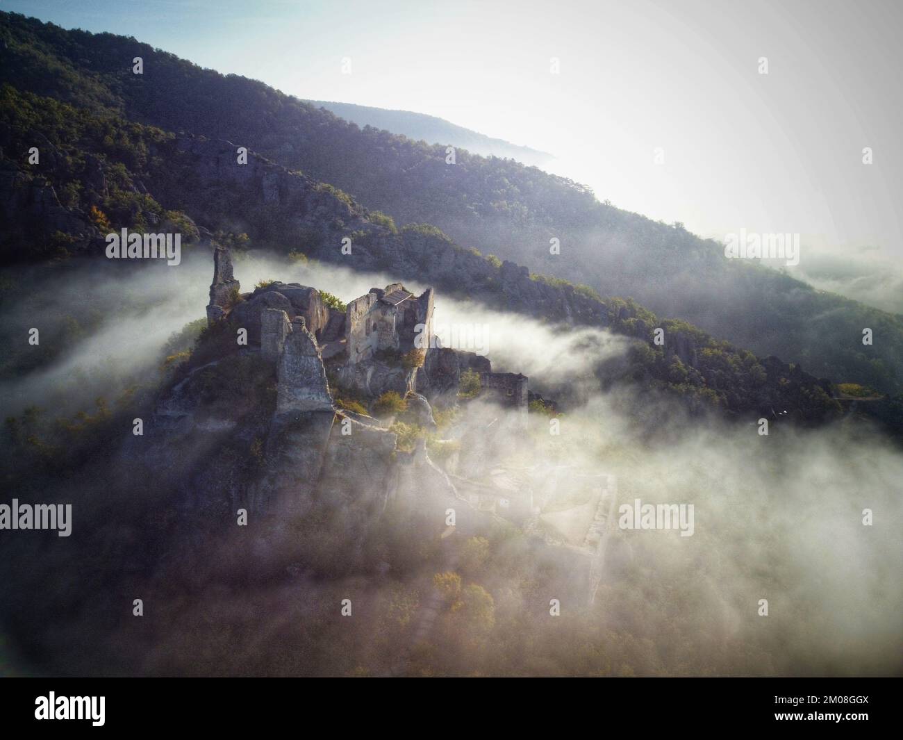 An aerial view of Durnstein castle surrounded by dense trees Stock ...