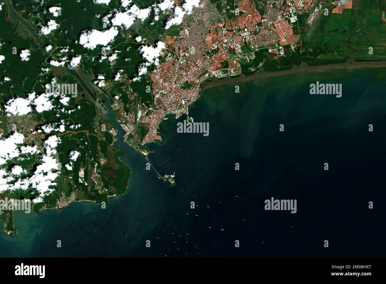 High resolution satellite image of the Panama Canal near Panama City - contains modified ...