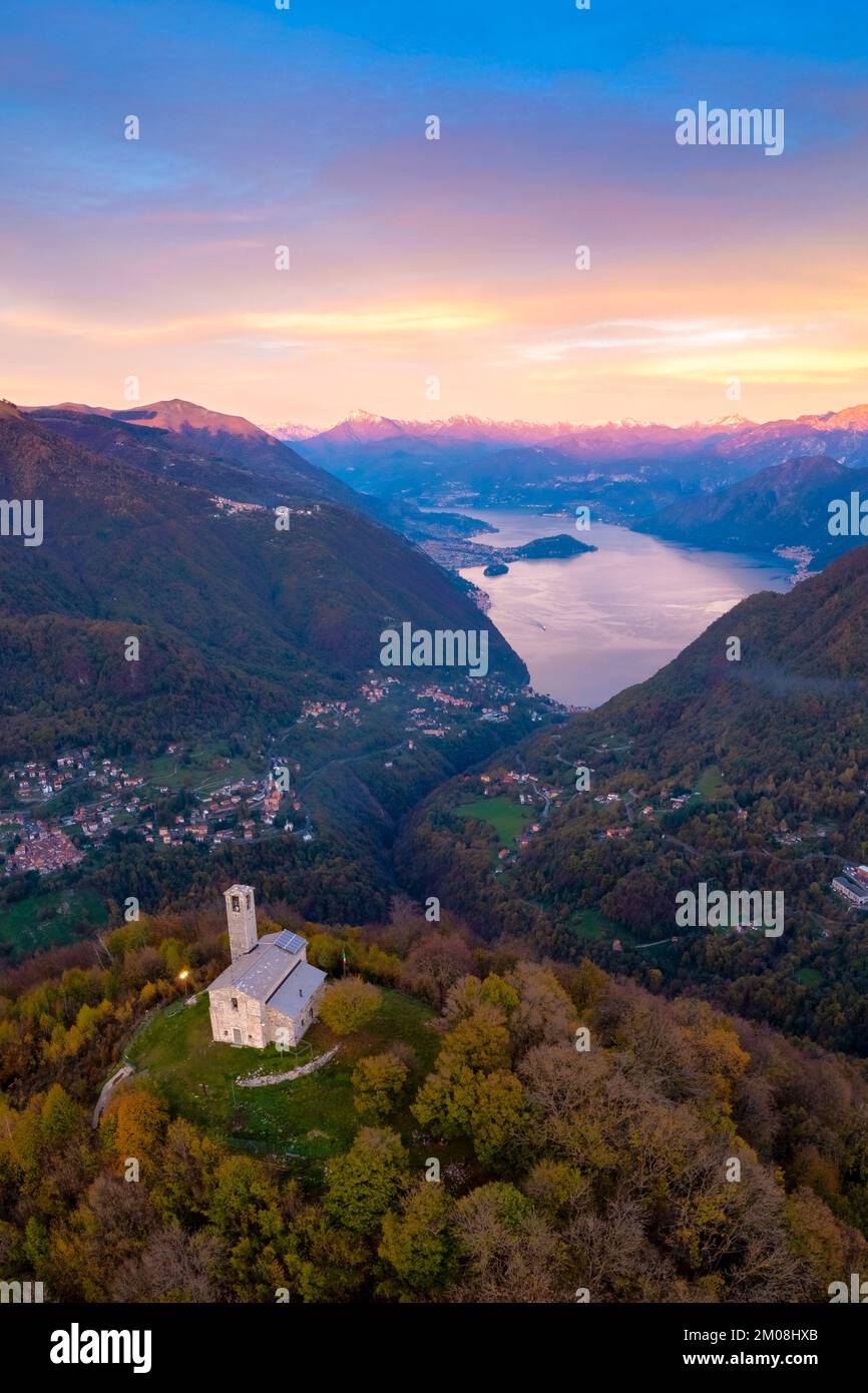 Sunset over Lake Como viewed from San Zeno church on the top of Intelvi ...