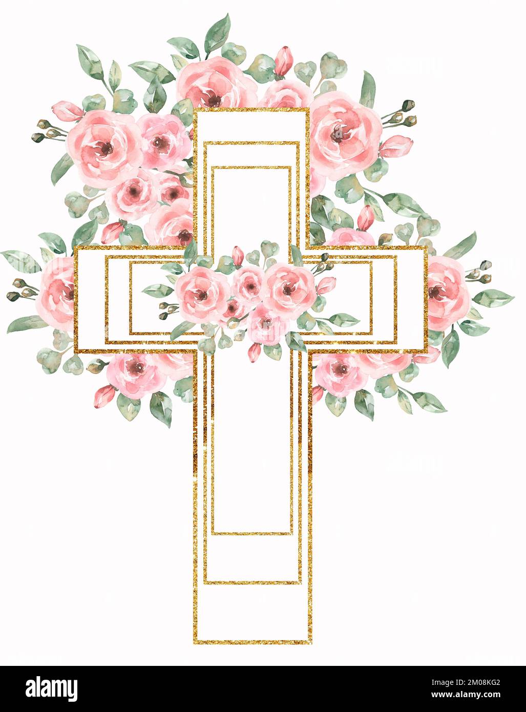 Cross Clipart, Watercolor Christian golden cross With pink florals ...