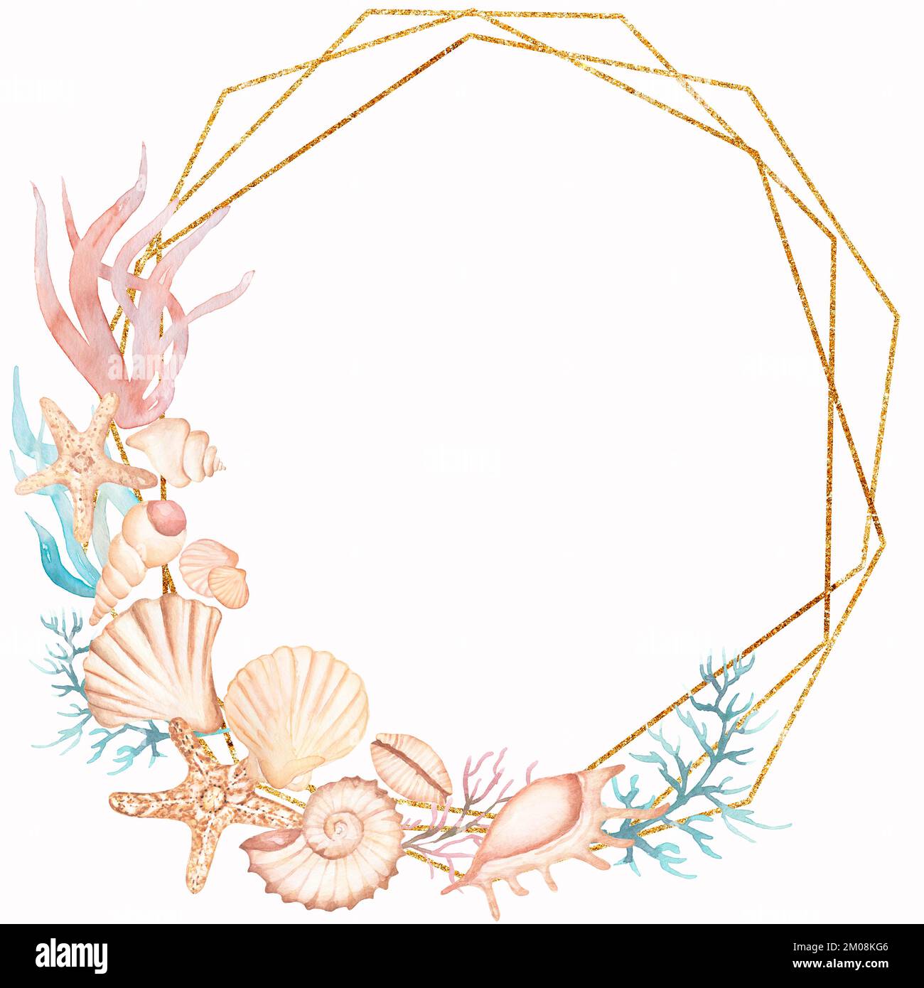 Watercolor sea objects and golden wreath, shell and corals, starfish ...