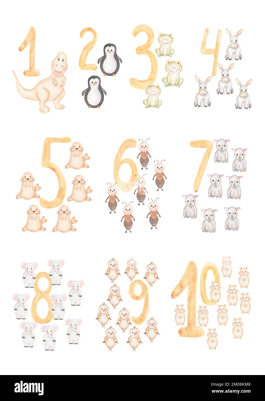 Watercolor childish poster with cute animals and numbers. Baby ...
