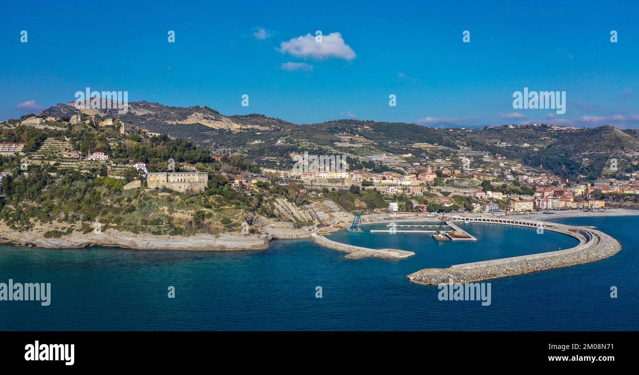 Aerial view of Ventimiglia with old town, Forte dell'Annunziata and new ...