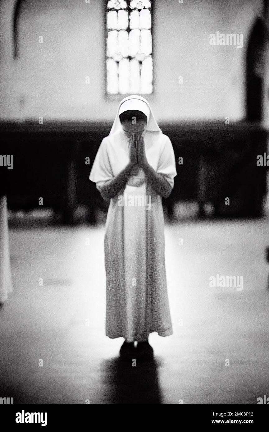 a nun in a white robe standing in a church with their hands together ...