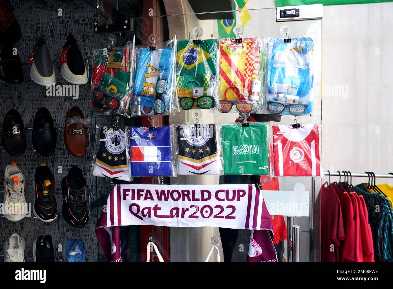 Football merchandise for sale at a store in the Souq area of Doha ...