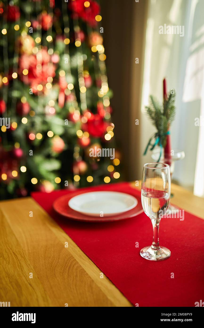 Beautiful table setting with Christmas decorations in living room with ...