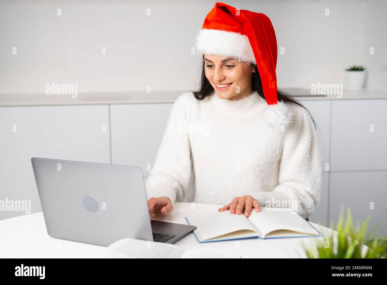 Smiling woman wearing a Santa Claus hat using a laptop and making notes ...