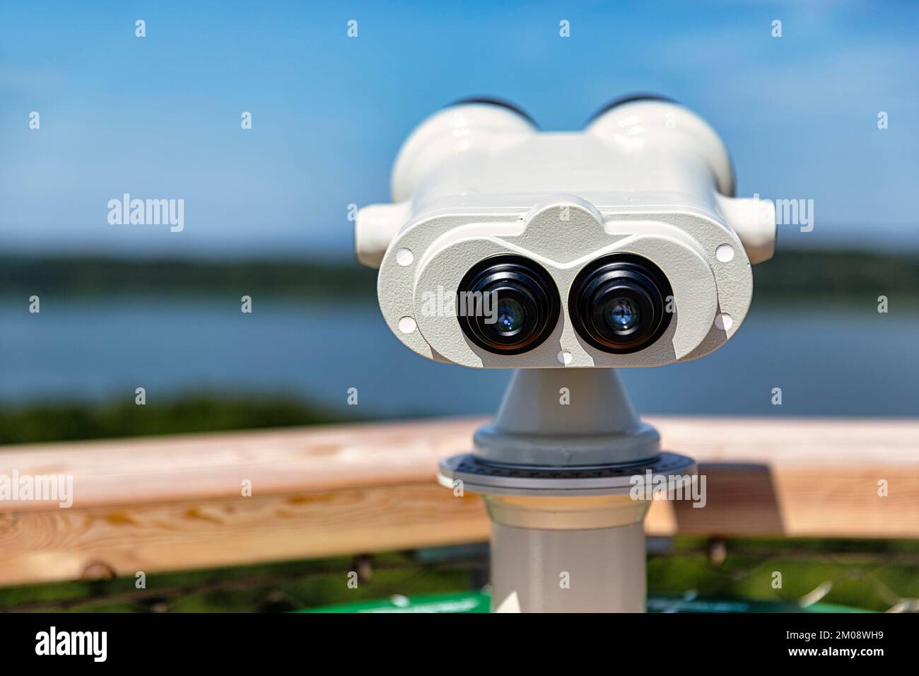 White telescope on viewing platform, tree-top walk in the Rügen Natural ...