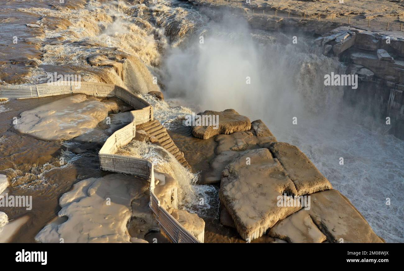 Aerial photos show the hanging ice scenery of Hukou Waterfall of the ...