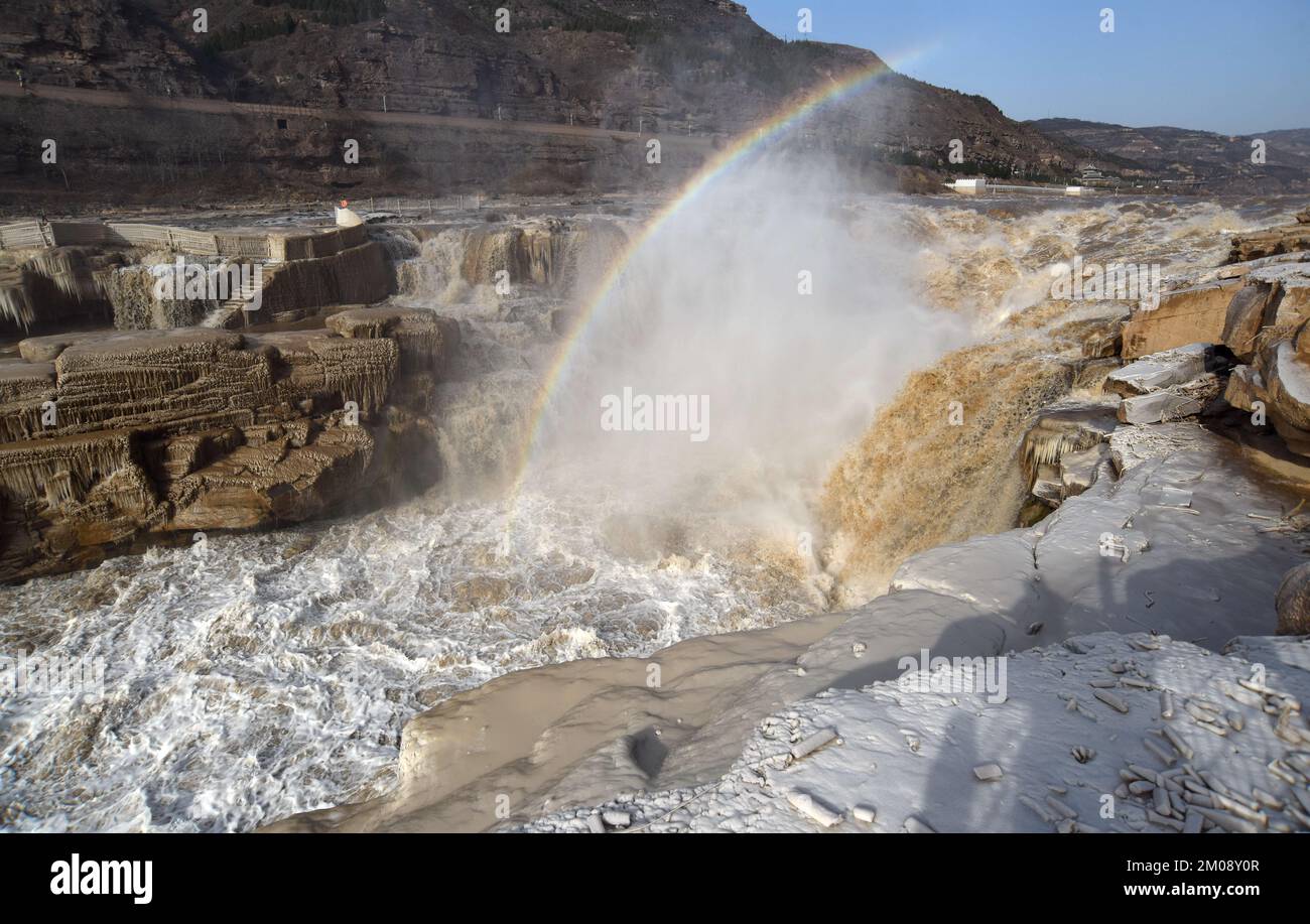 Aerial photos show the hanging ice and rainbow sceney of Hukou ...