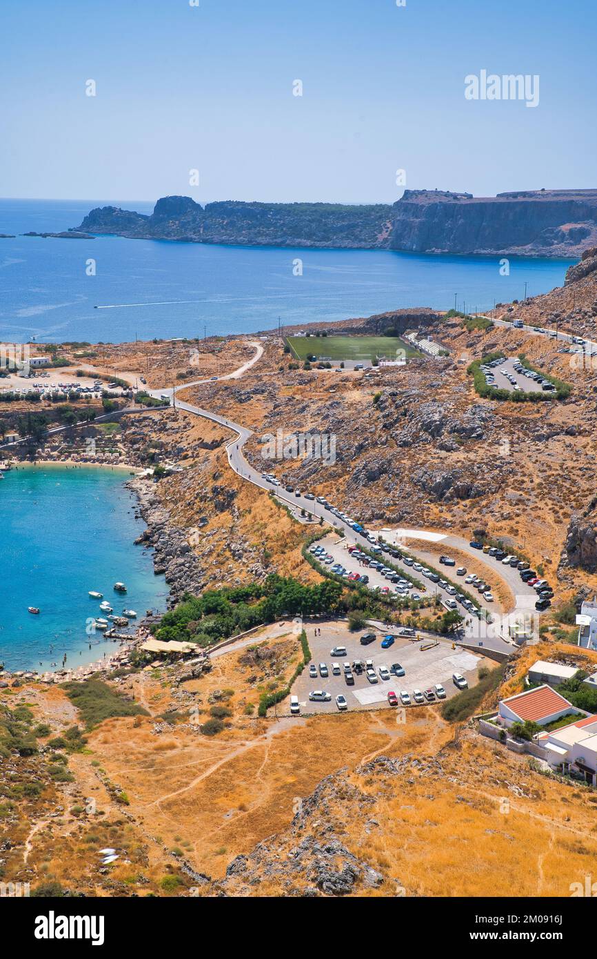 Landscape Lindos bay with blue mediterranean sea, view from top of ...