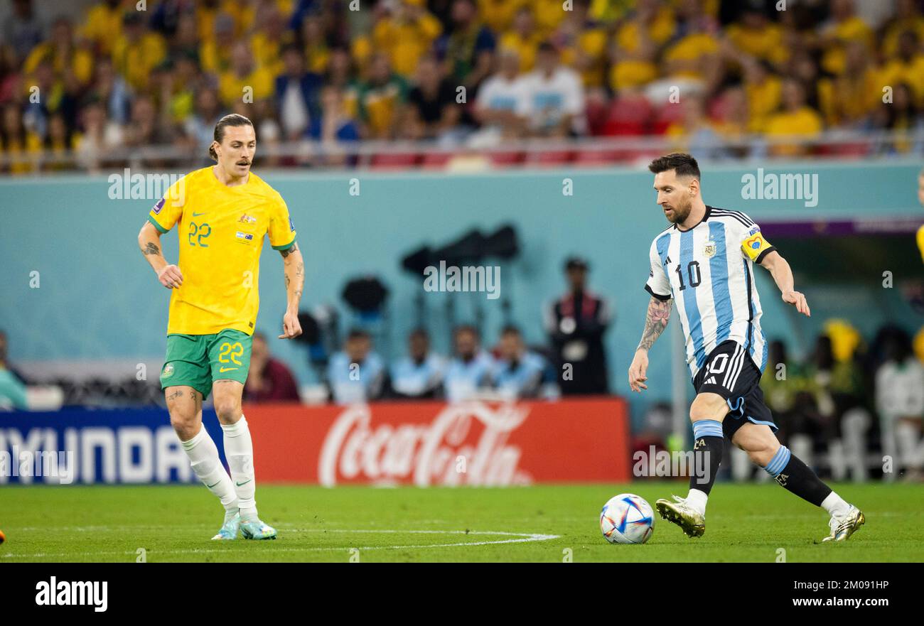 Doha, Qatar. 3rd Dec, 2022. Lionel Messi (Arg), Jackson Irvine (AUS ...