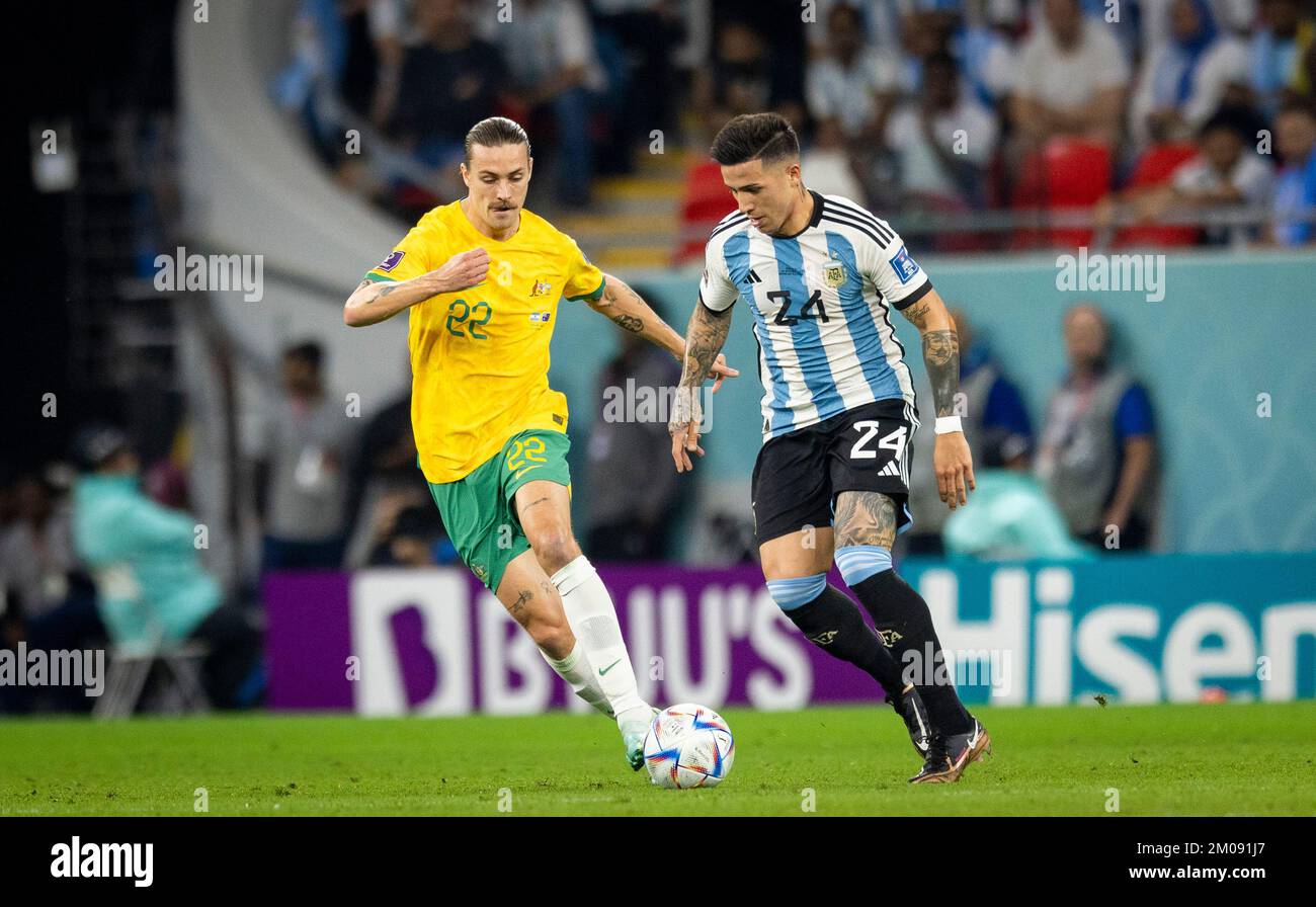 Doha, Qatar. 3rd Dec, 2022. Jackson Irvine (AUS), Enzo Fernandez (Arg ...