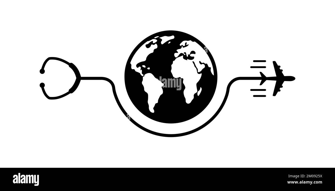 Medical tourism icon. Stethoscope, airplane and planet earth. isolated ...