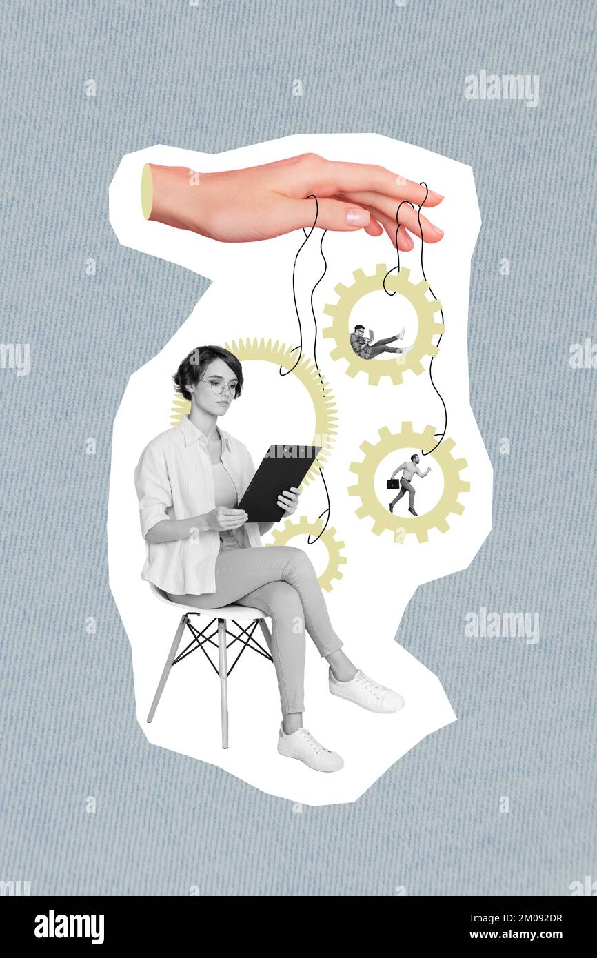 Photo artwork minimal collage picture of arm holding hanging cogwheels reading list isolated ...