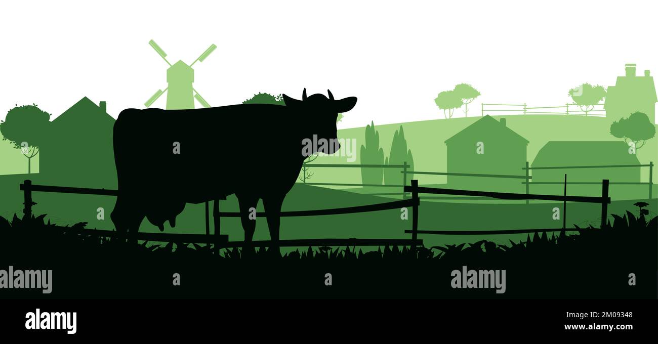 Cow graze in the pasture. Picture silhouette. Farm pets. Domestic farm animals for milk and ...